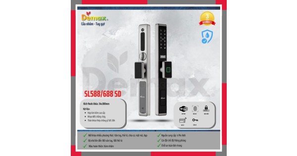 Khóa thông minh Demax SL588 SD, Hợp kim kẽm, Thép SUS 304, An toàn tối ưu